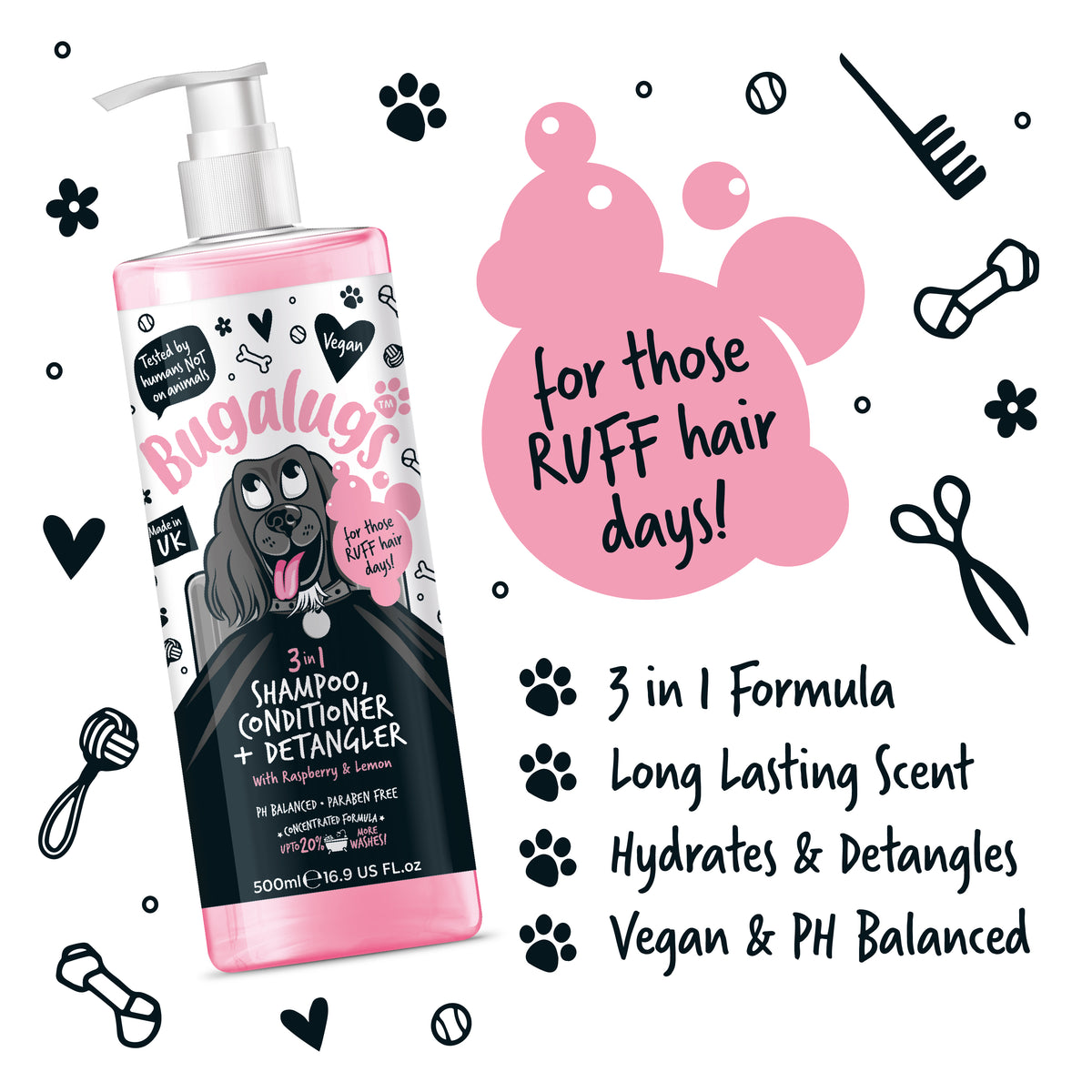 Bugalugs 3 in 1 Dog Shampoo, Conditioner + Detangler - Raspberry & Lem ...